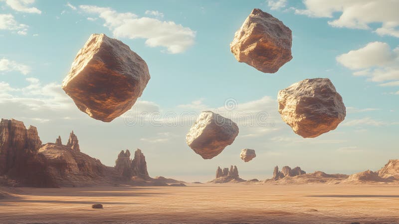 A Desert Landscape with Floating Rocks Held Up by Mysterious Force ...
