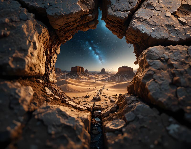 Desert Landscape with Galaxy View through Natural Rock Formation Hole ...
