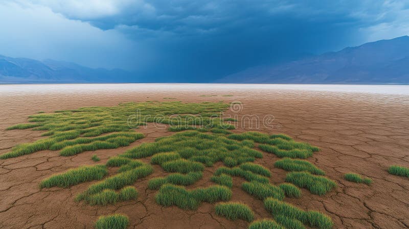 Desert Landscape with Grass Patches Under a Dramatic Cloudy Sky Stock ...