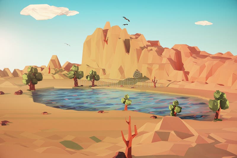 Desert landscape with lake stock illustration. Illustration of cloud ...