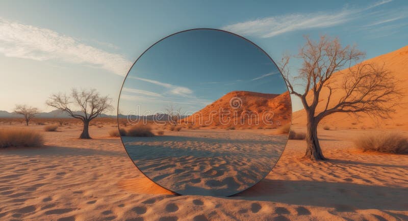A Desert Landscape with a Large Circular Mirror in the Middle Stock ...