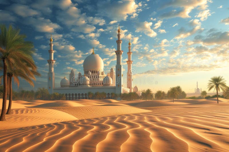 A Desert Landscape with a Large White Mosque Building in the Background ...