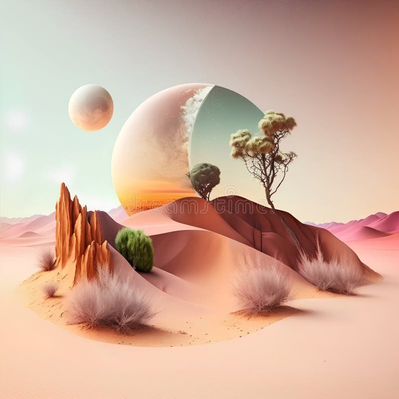 Desert Landscape with Moon and Trees in the Desert, 3d Render Stock ...