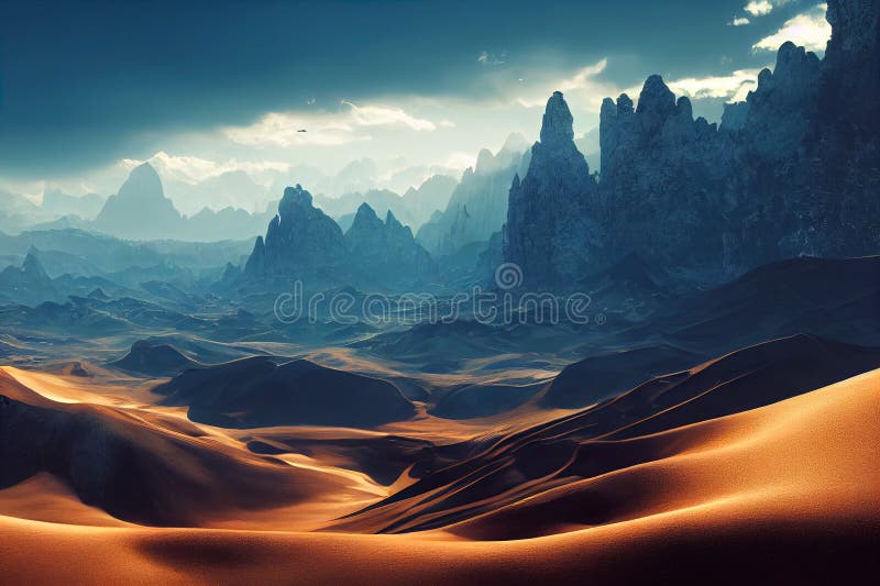 A Desert Landscape with Mountains and a Sky Background with Clouds and ...