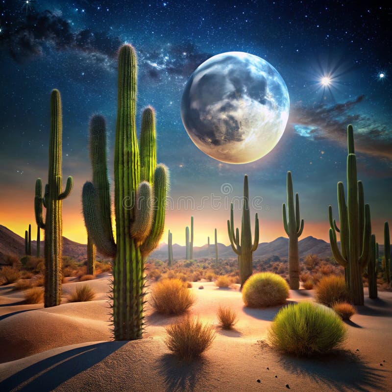 Desert Landscape at Night with Cacti and a Large Moon Stock ...