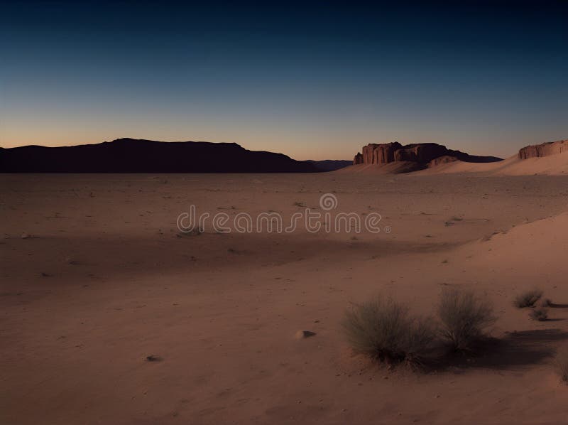 Desert Landscape at Night Shrubs on Sand and Dark Distant Hills Stock ...