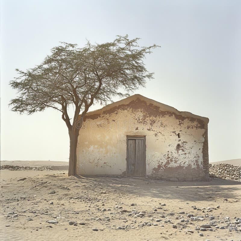 Desert Landscape with an Old House and an Acacia Tree. Stock ...