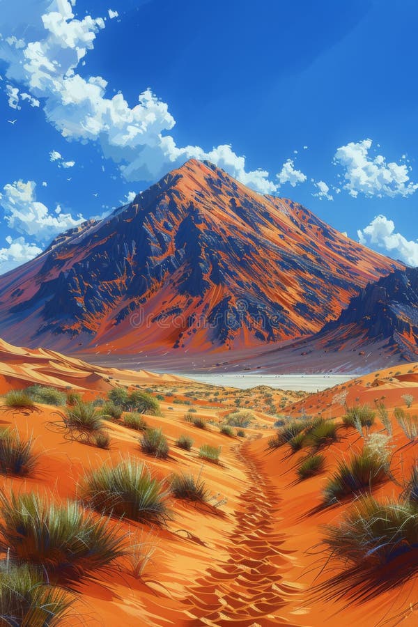 A Desert Landscape with a Path Leading To the Top of an Mountain, AI ...