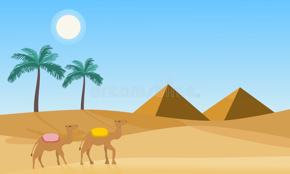 Desert Landscape with Pyramid, Camel, and Palm Tree in Day Light ...