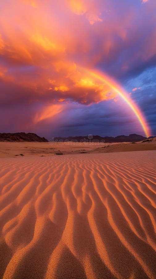 Desert Landscape with Rainbow and Dramatic Sunset Sky Stock Image ...