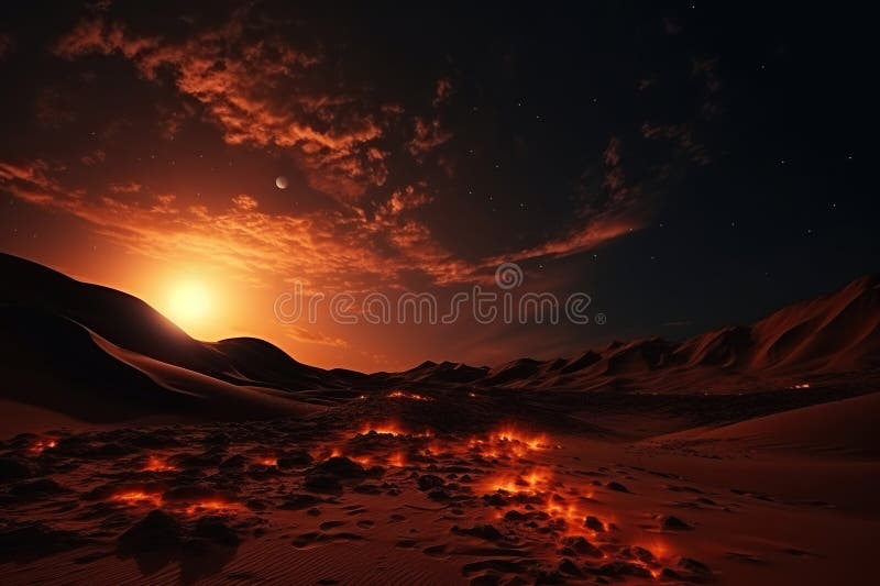 Desert Landscape in the Rays of the Setting Sun with Fires on the Sand ...