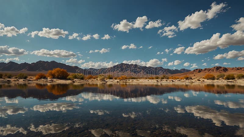 Desert Landscape Reflected in Water Under Blue Sky with Clouds. Stock ...