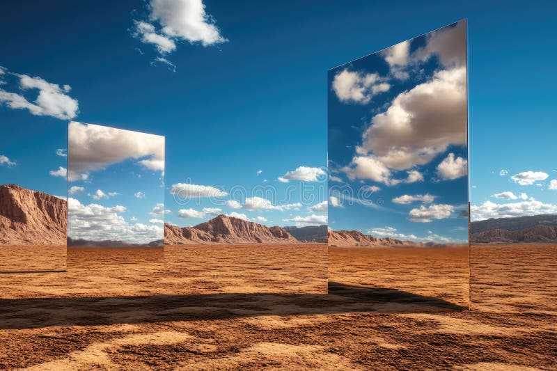 A Desert Landscape with a Reflection of Mountains in the Sky Stock ...