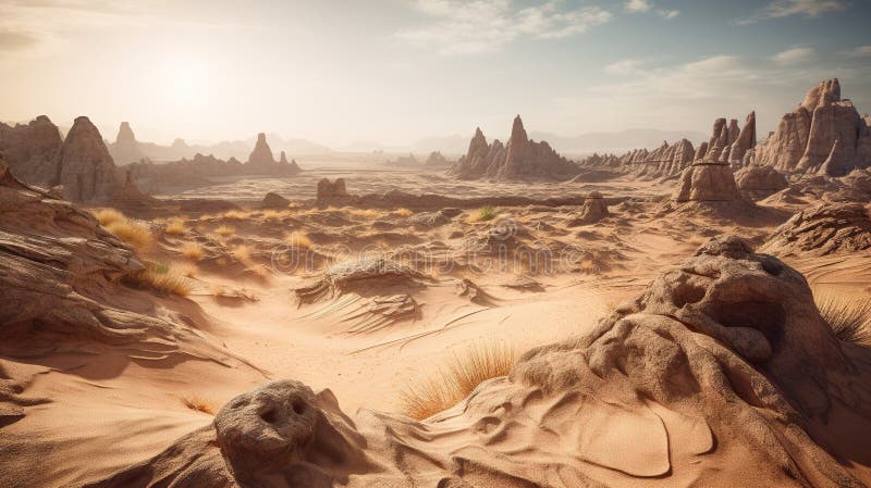 A Desert Landscape with Rocks and Sand in the Foreground Stock ...