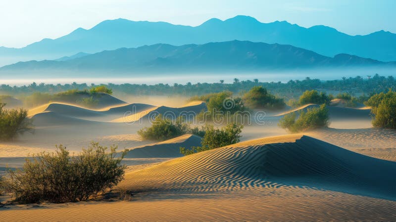 Desert Landscape with Rolling Dunes and Distant Mountains, Lush ...