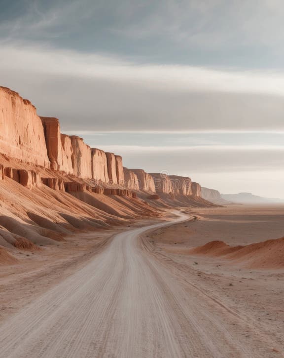 Desert Landscape with Rugged Cliffs and a Dusty Road. Stock Image ...