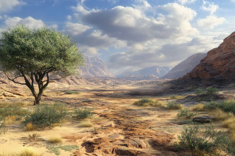 Desert Landscape with Rugged Mountains and a Solitary Tree Under a ...