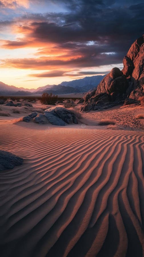 Desert Landscape with Sand Dunes and Rocky Mountains at Sunset Stock ...