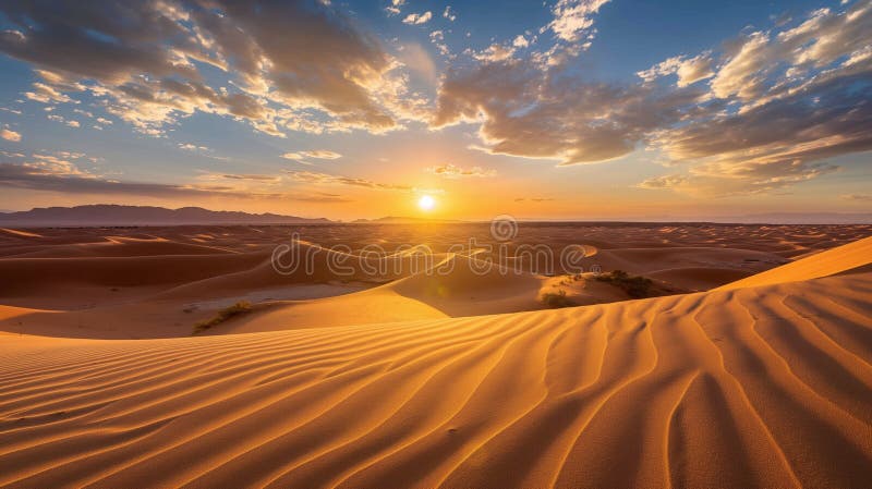 Desert Landscape with Sand Dunes and a Setting Sun Stock Image - Image ...