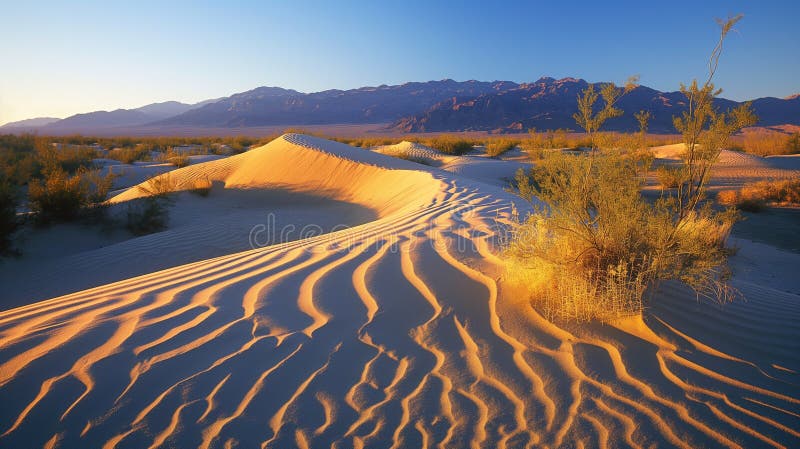 Desert Landscape with Sand Dunes and a Setting Sun Stock Image - Image ...