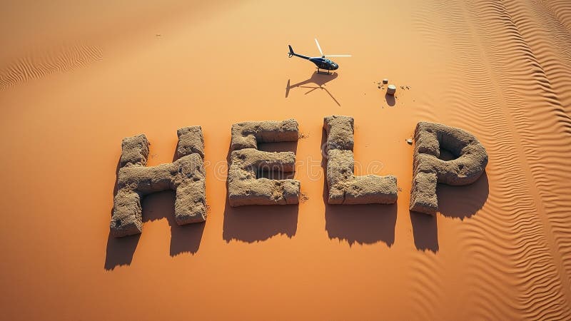 Desert Landscape with Sand Formations Spelling HELP and Helicopter ...