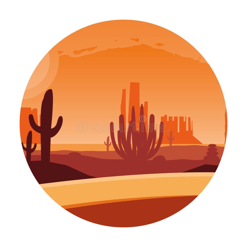 Desert Landscape Scene in Frame Circular Stock Illustration ...