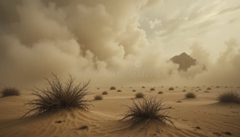 Desert Landscape with Shrubs and Mountain Peak during Sandstorm Stock ...