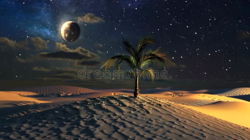 Desert Landscape with Single Palm Tree at Night Under Starry Sky and ...