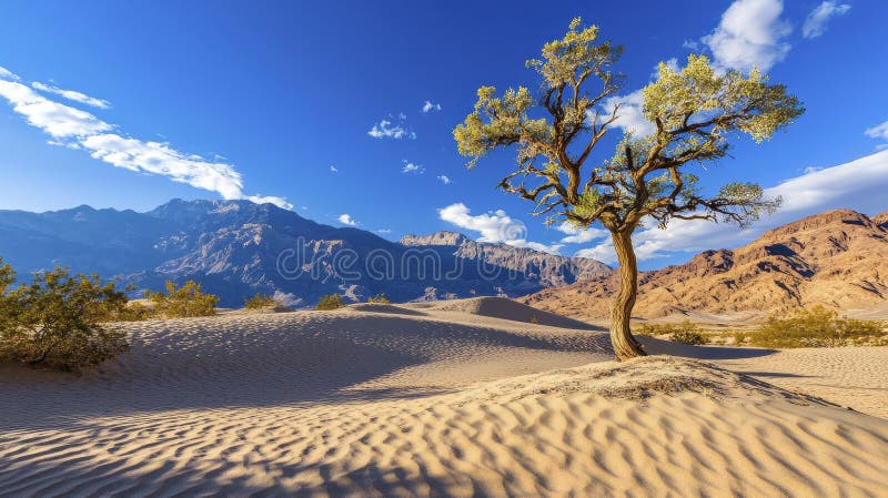 Desert Landscape with Single Tree and Sand Dunes Stock Illustration ...