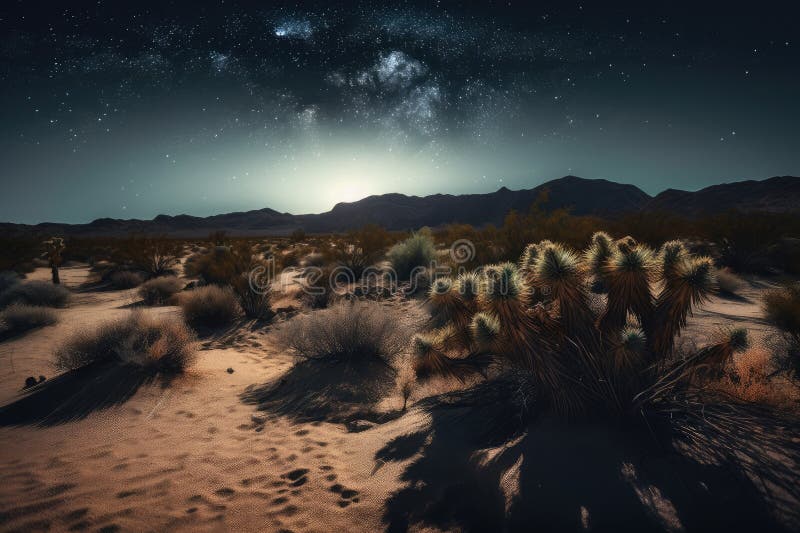 Desert Landscape with Stars and Moon Shining Bright Stock Image - Image ...