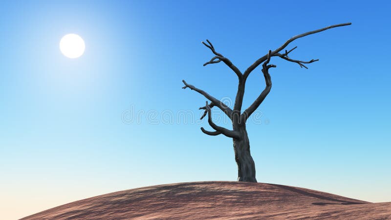 Desert Landscape with Sun and Dead Tree Stock Illustration ...