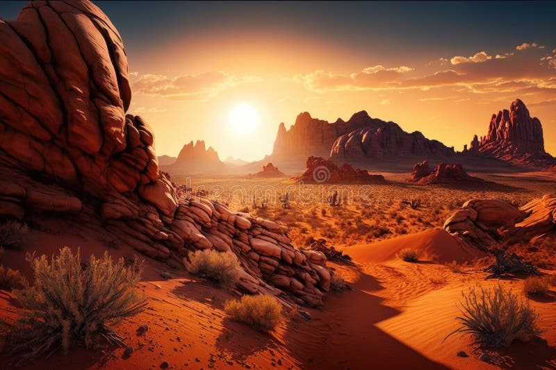 Desert Landscape with Sun Setting in Backdrop of Giant Red Rock ...