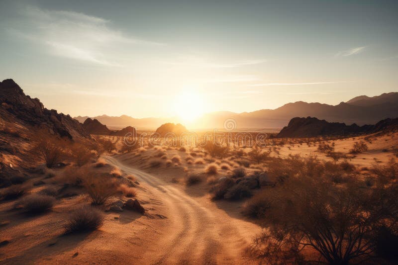 Desert Landscape at Sunset, with the Sun Setting Behind a Distant Mountain Range Stock Photo ...