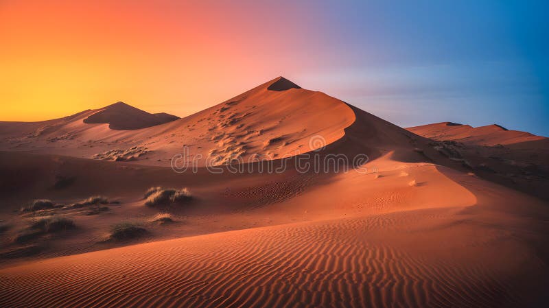 Desert Landscape at Sunset, Undulating Sand Dunes with Vibrant Sky ...