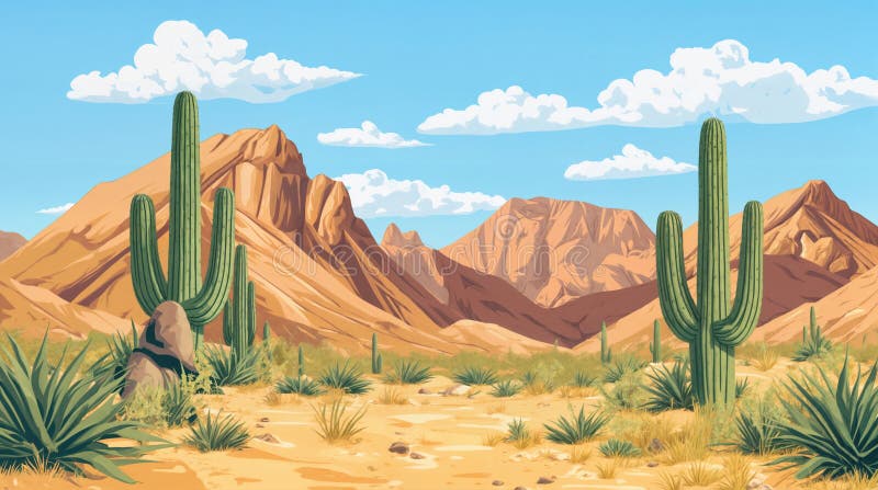 Desert Landscape with Tall Cacti, Low Lying Shrubs Stock Illustration ...