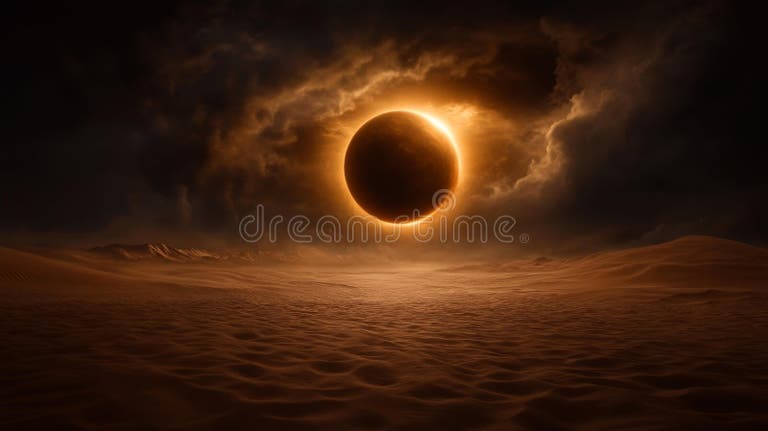 Desert Landscape with a Total Solar Eclipse Happening in the Sky Stock ...