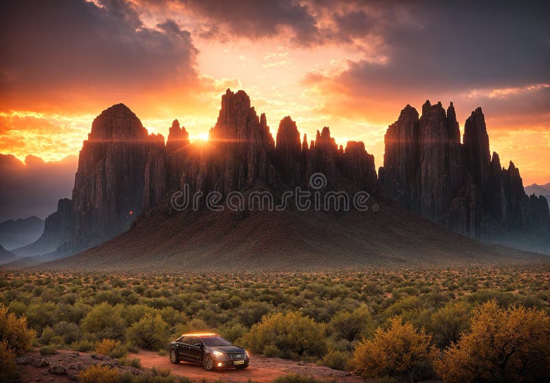 A Desert Landscape with Towering Rock Formations in the Background ...