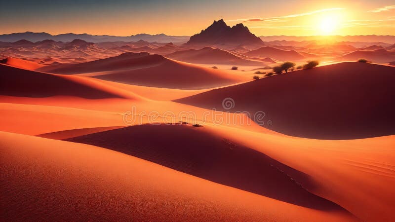Desert Landscape with Tree and Sand Dunes at Sunset. 3d Rendering Stock ...