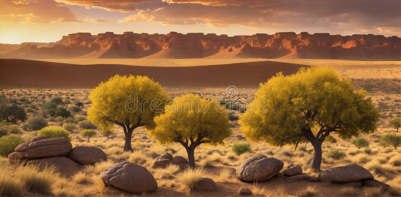 A Desert Landscape with Trees and Rocks in the Foreground and a ...