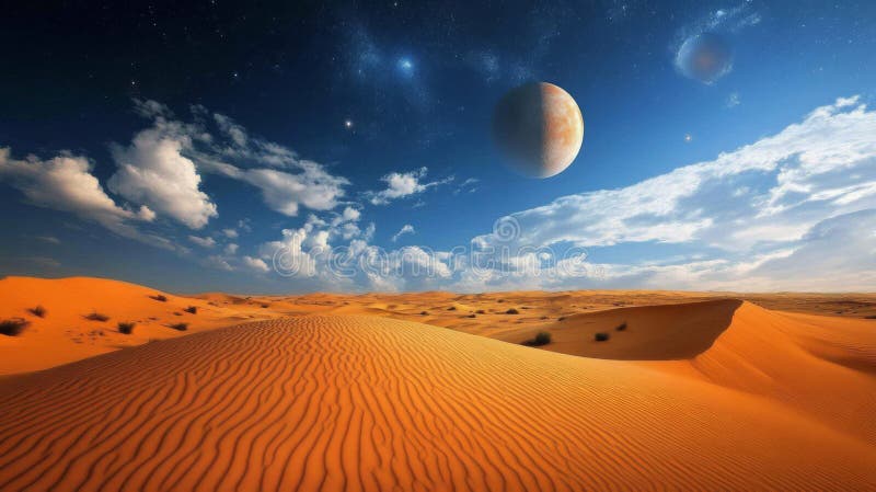 A Desert Landscape Under a Starry Sky with Two Moons Stock Illustration ...