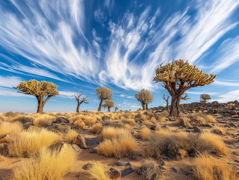 Desert Landscape with Unique Trees and Dramatic Sky Stock Image - Image ...