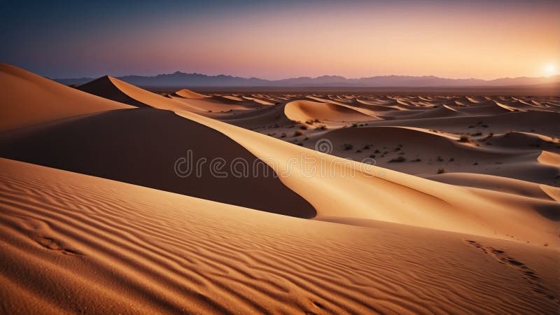 Desert Landscape with Vast Sand Dunes at Twilight Endless Dunes Glowing ...