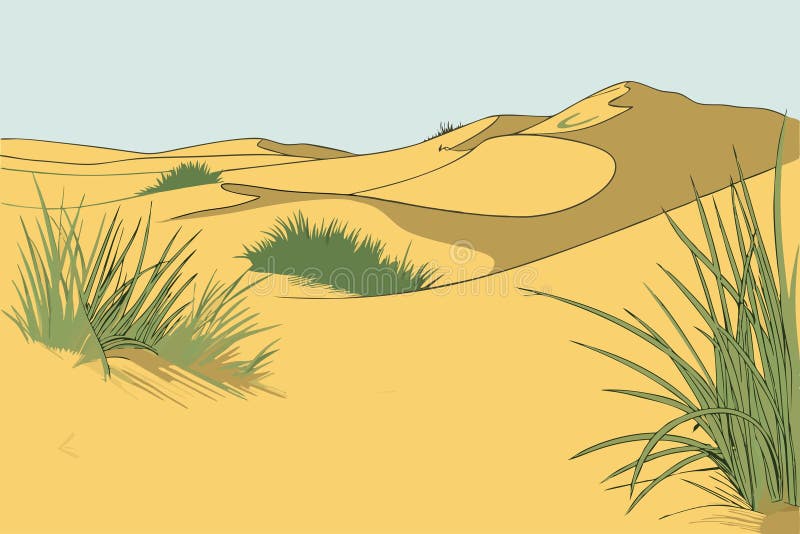 Desert Landscape Vector Illustration with Sand Dunes and Grass in Arid ...