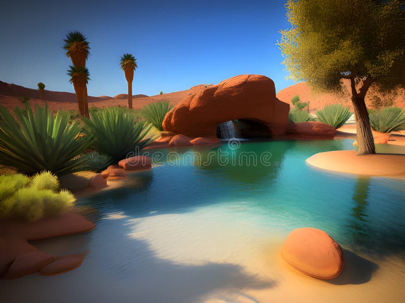 Desert Landscape with Water Pond, AI Generated Stock Illustration ...