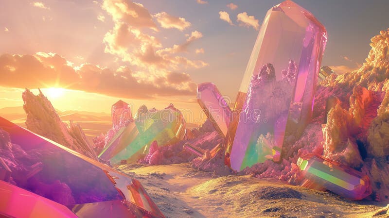A Desert Landscape Where Towering Crystal Formations Refract Sunlight ...