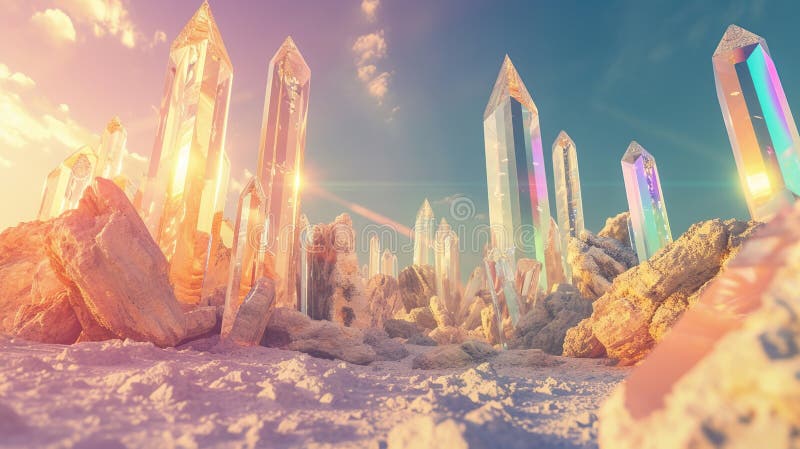 A Desert Landscape Where Towering Crystal Formations Refract Sunlight ...