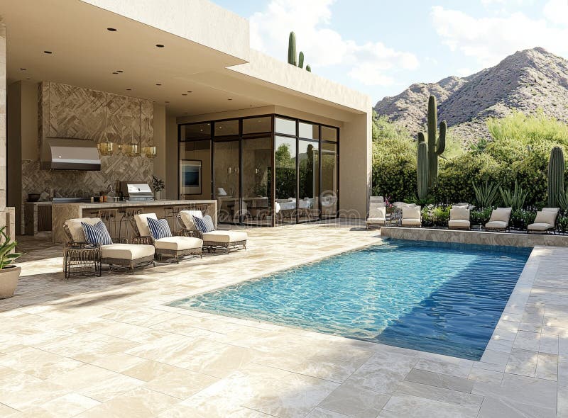 Desert Landscaped Backyard with Travertine Pool Deck in Arizona. Stock ...