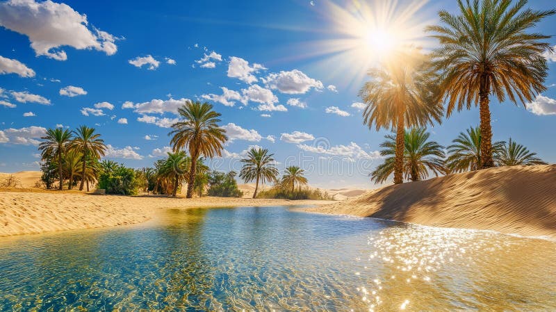 Desert Landscapes with Oasis and Bright Sun Stock Photo - Image of ...