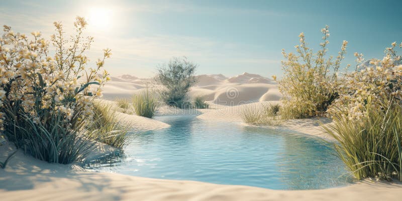 Desert Landscapes with Oasis and Bright Sun Stock Photo - Image of ...