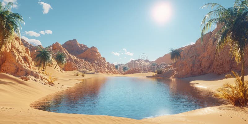 Desert Landscapes with Oasis and Bright Sun Stock Image - Image of ...